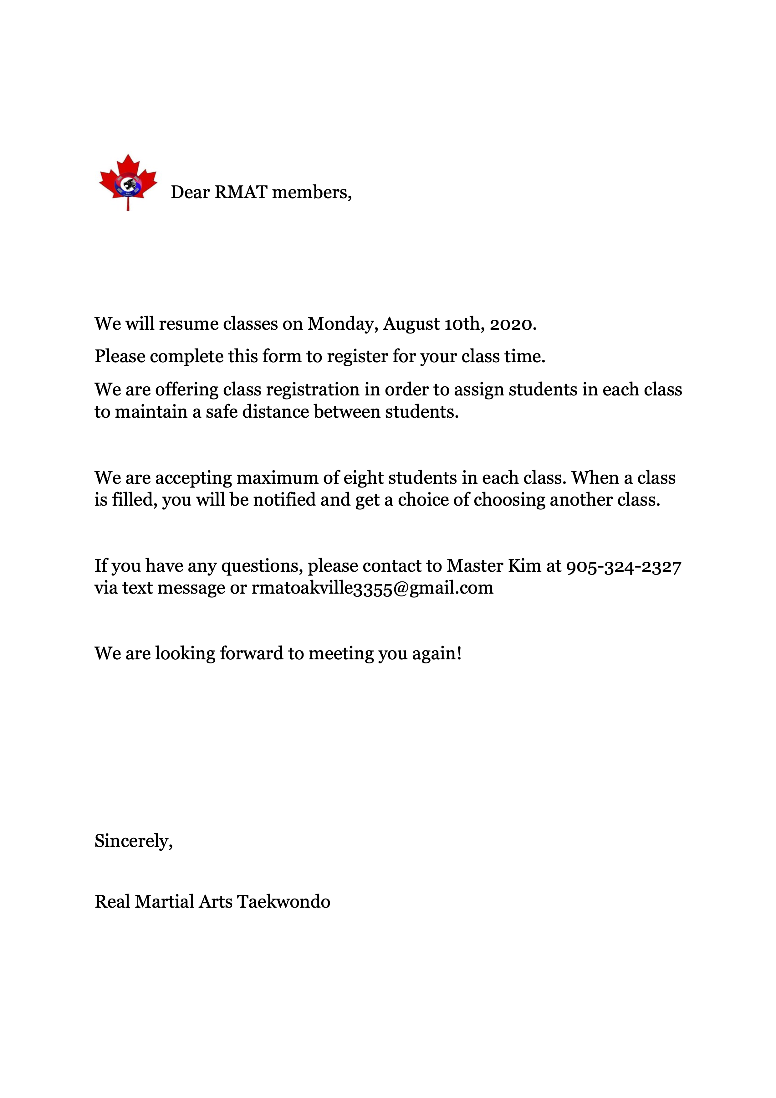 Reopening letter – Real Martial Arts Taekwondo